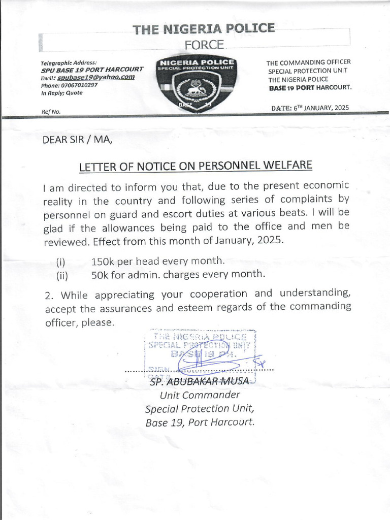 Letter of Notice On Personnel Welfare - Nigeria Police Force | PDF