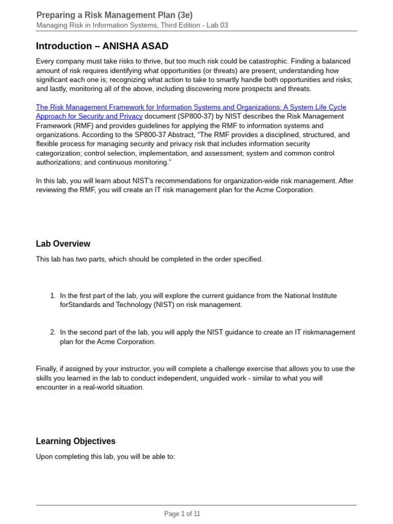 Preparing A Risk Management Plan (3e) - Lab03 - Preparing - A - Risk - Management - Plan - 3e ...