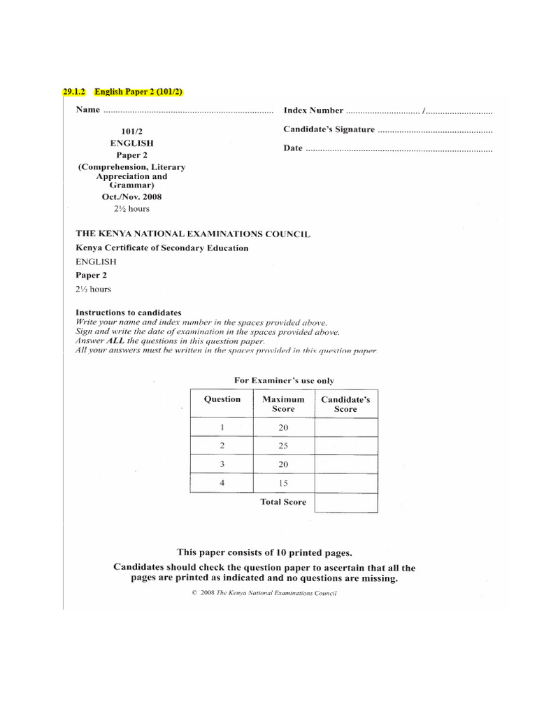 2008 KCSE - English Pp2 Questions | PDF