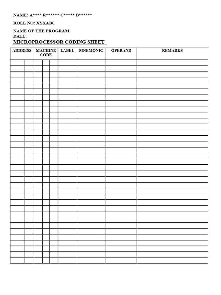 Microprocessor Coding Sheet Template | PDF