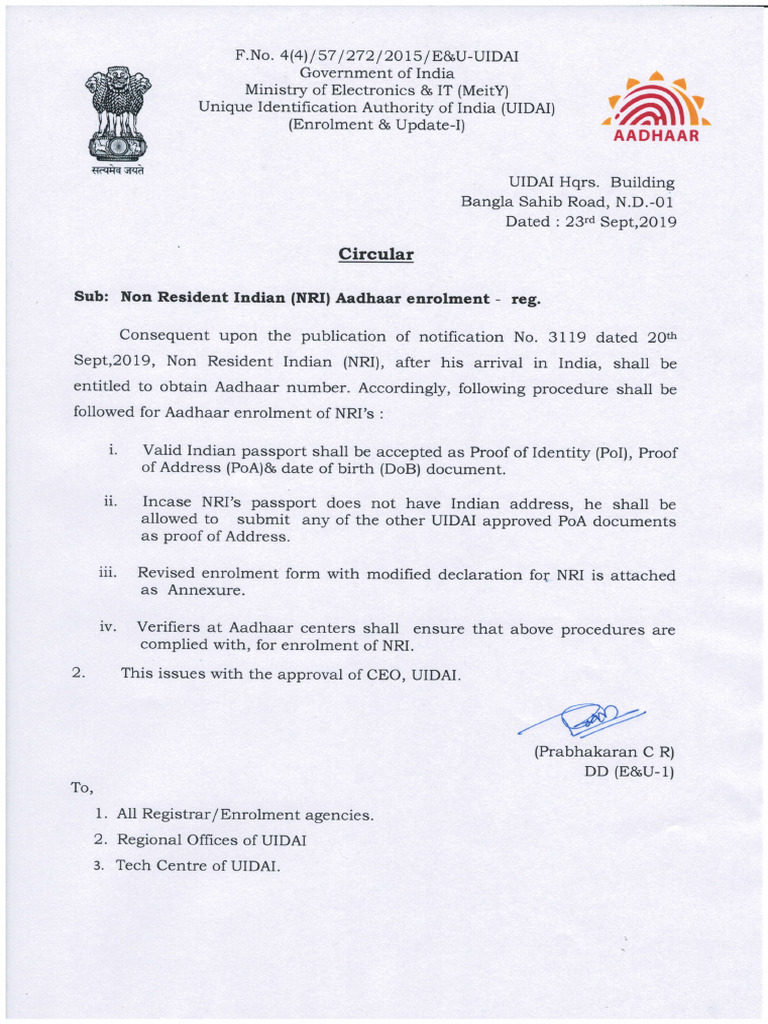 NRI Aadhaar Enrolment Procedure Guide | PDF | Identity Document | Privacy