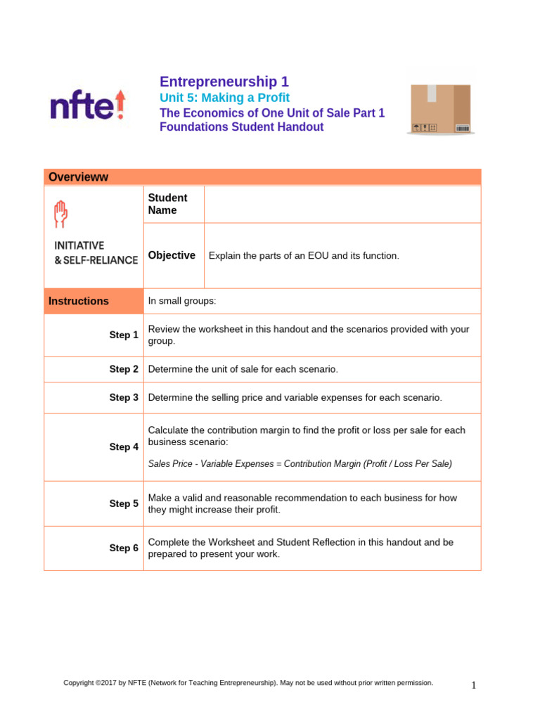 The Economics of One Unit of Sale Foundations PT 1 Student Handout ...