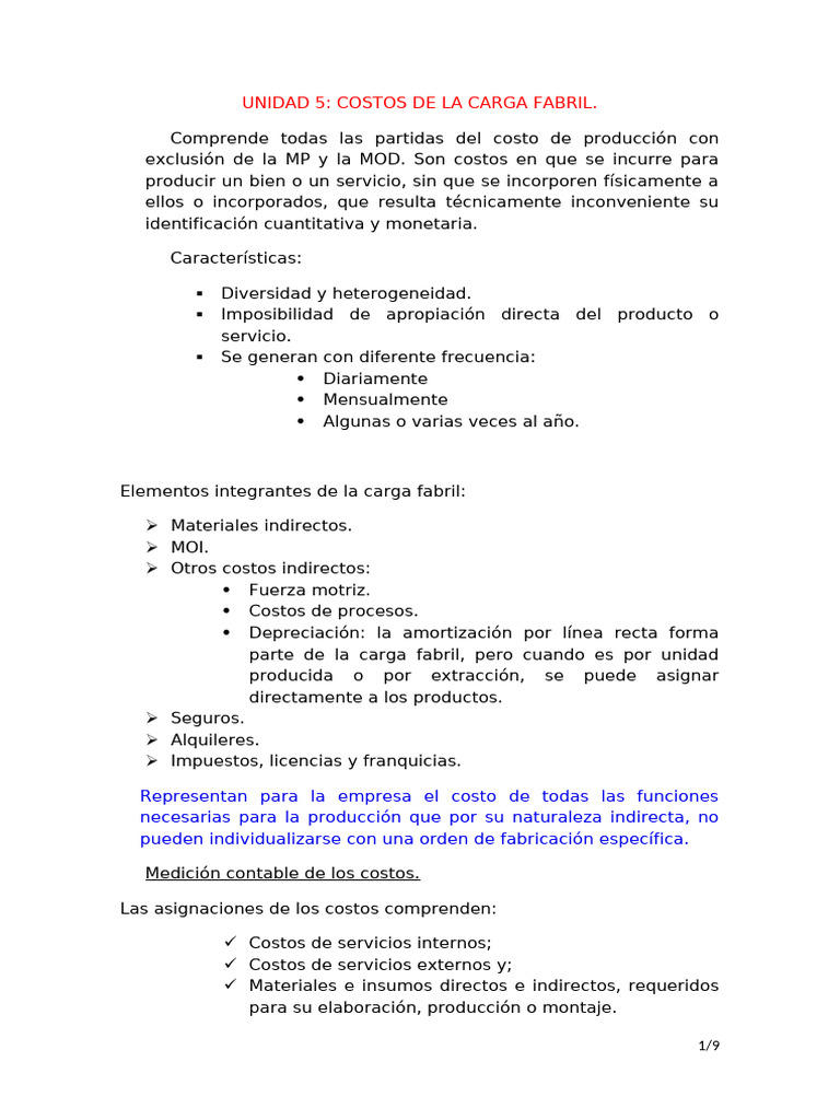 UNIDAD 5 - Costos de La Carga Fabril | PDF | Presupuesto | Contabilidad
