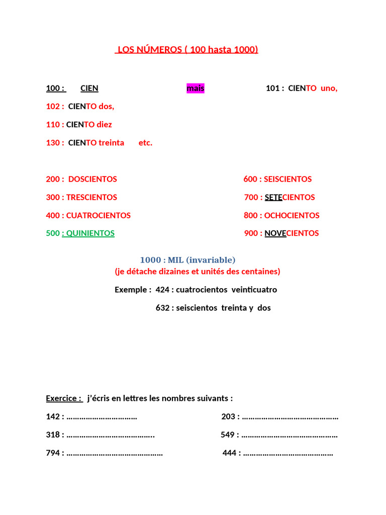 Números del 100 al 1000 en español | PDF