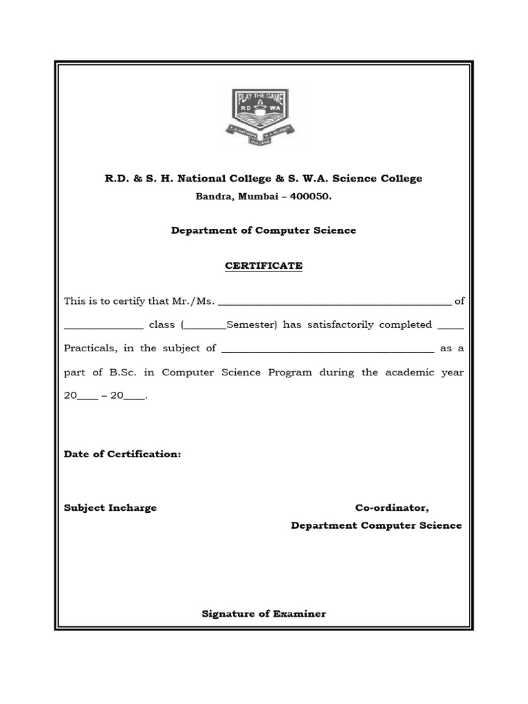 B.Sc. Computer Science Practical Certificate | PDF