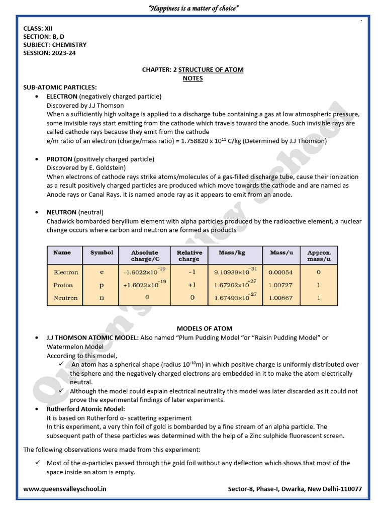 Chemistry Chapter 2 Structure of Atom | PDF | Atomic Orbital | Atoms
