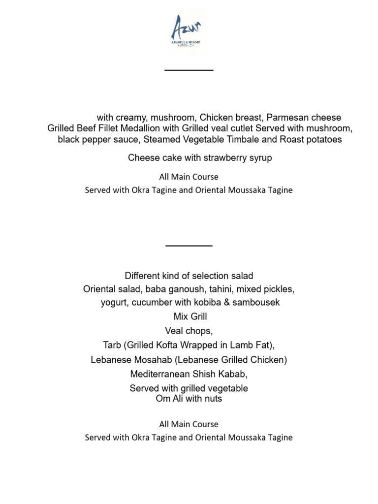 Arabella Azur AL Raouche A La Carte Restaurant Menu | PDF