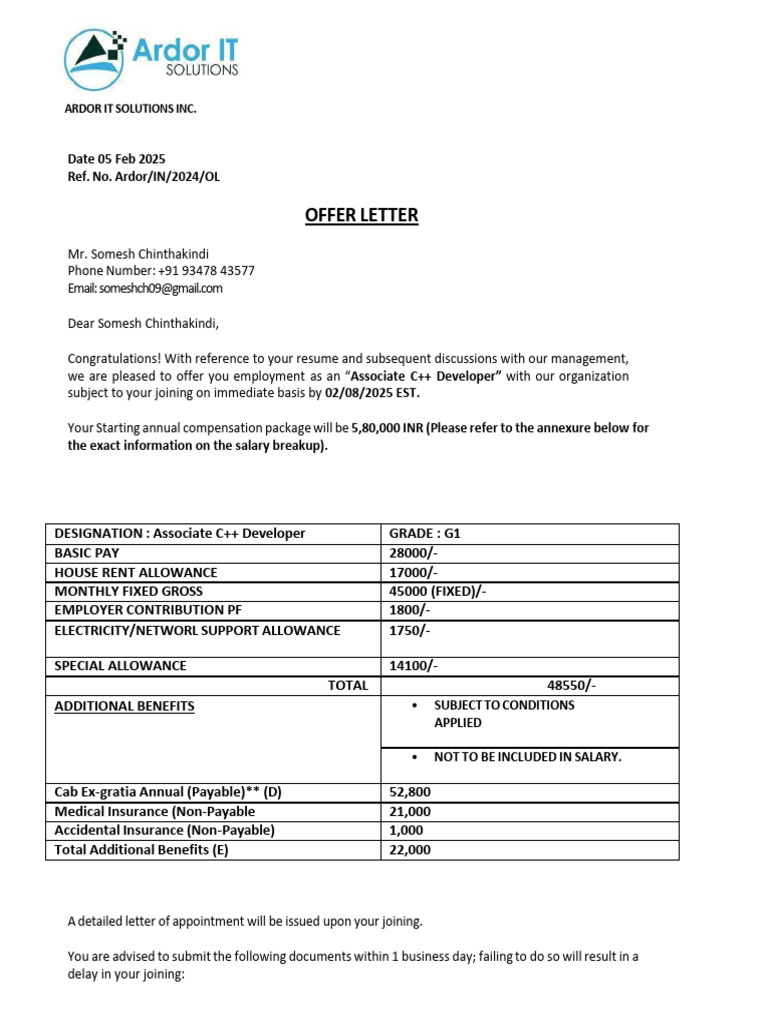Offer Letter for Associate C++ Developer | PDF