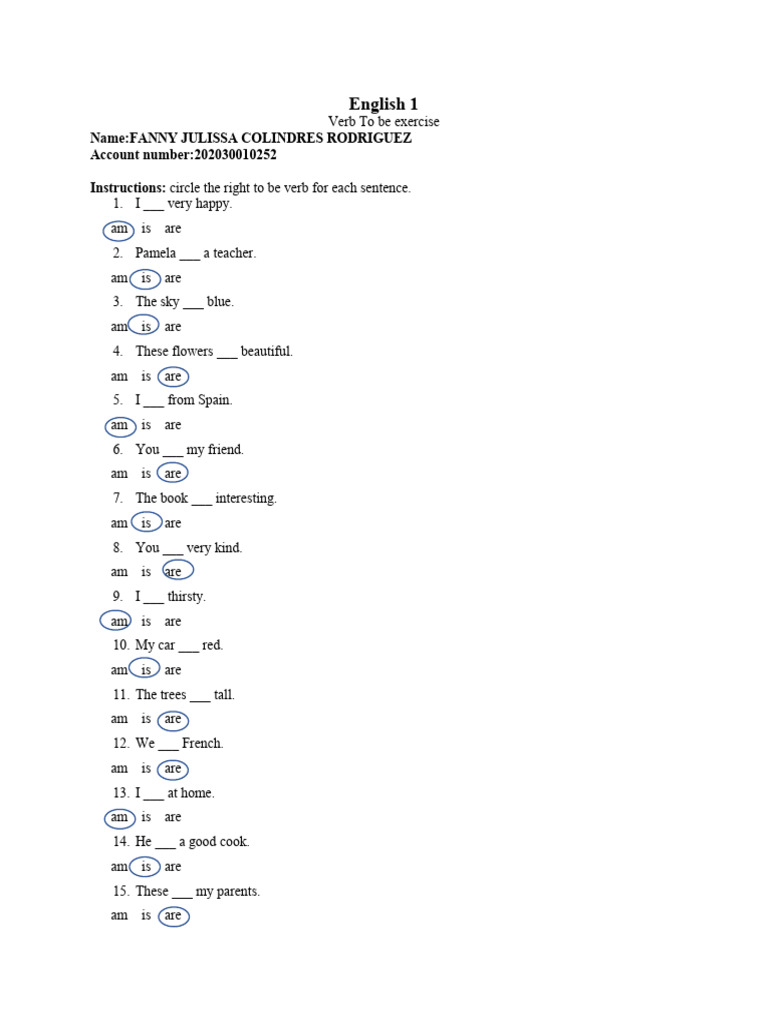 Exercise Verb To Be Fanny Colindres | PDF