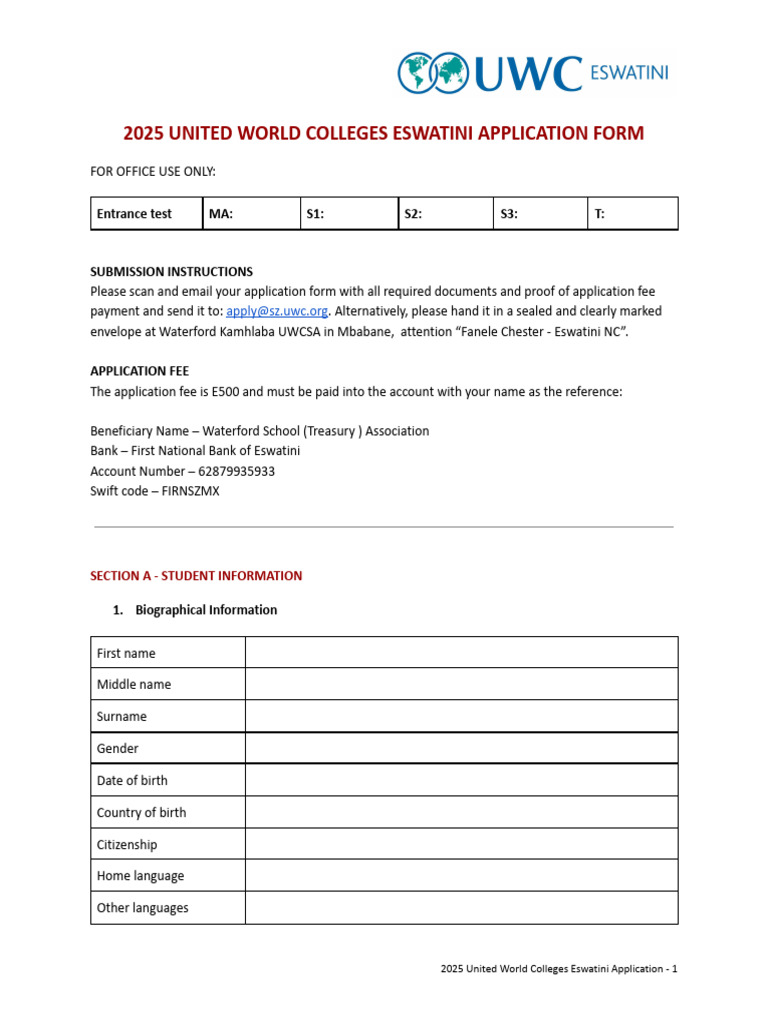 2025 UWC Eswatini Application Form | PDF