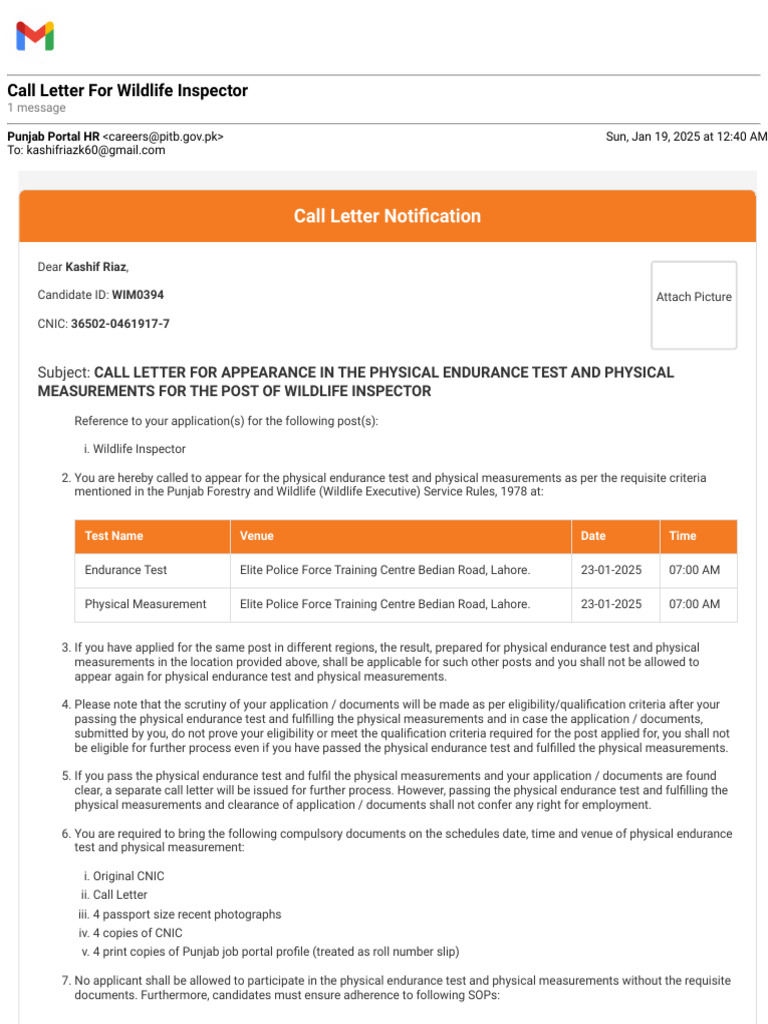 Wildlife Inspector Test Call Letter | PDF