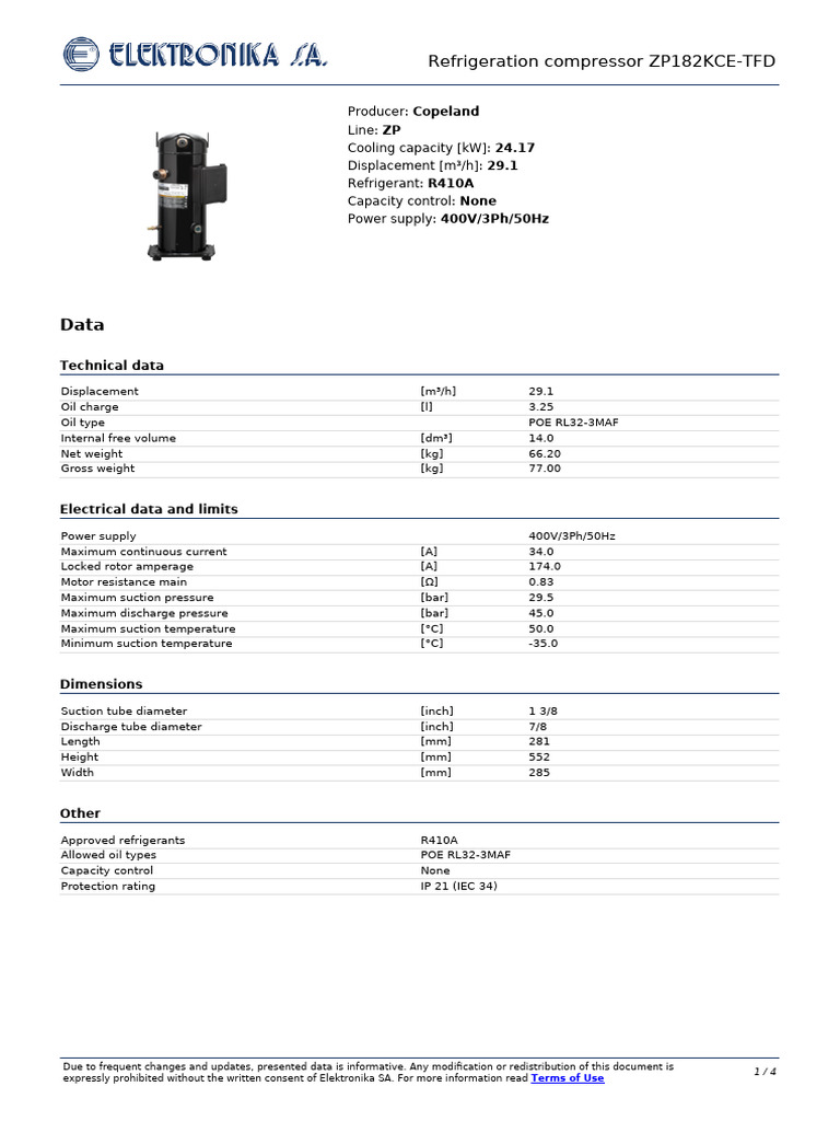Copeland ZP182KCE-TFD Compressor Specs | PDF | Building Automation ...