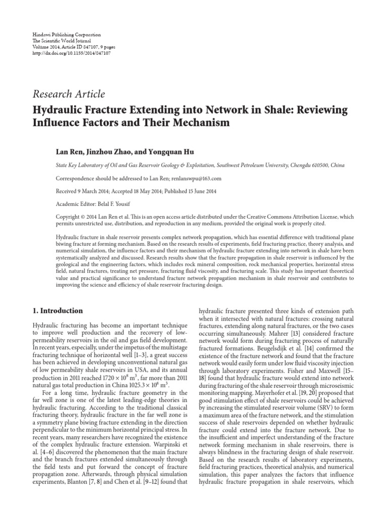2014, Lan Ren, Hydraulic Fracture Extending Into Network in Shale Reviewing Hydraulic Fracture ...