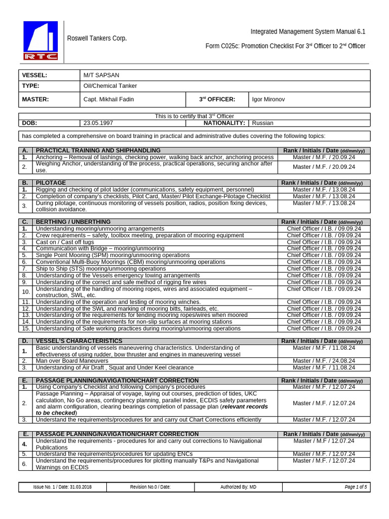 3rd to 2nd Officer Promotion Checklist | PDF | Oil Tanker | Shipping