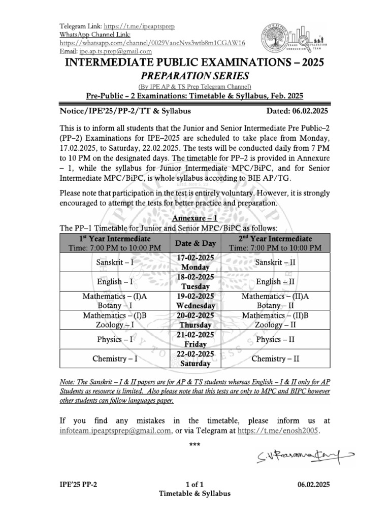 IPE'25 PP-2 JR - SR Timetable | PDF