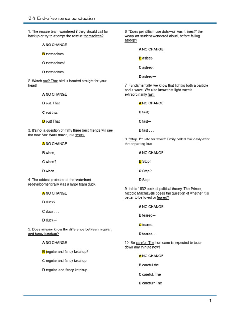 End of Sentence Punctuation Practice | PDF