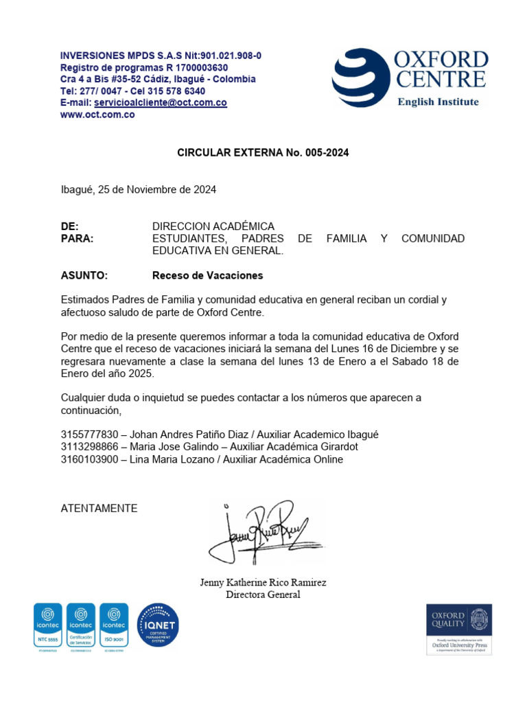 Receso Vacacional 2024 en Oxford Centre | PDF