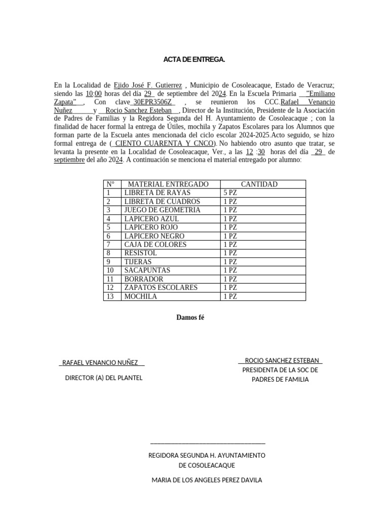 Acta de Entrega Primaria | PDF