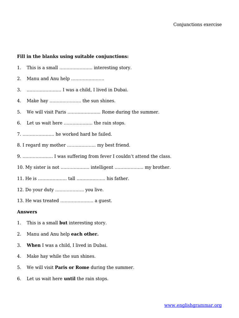 Conjunctions Fill-in-the-Blank Exercise | PDF