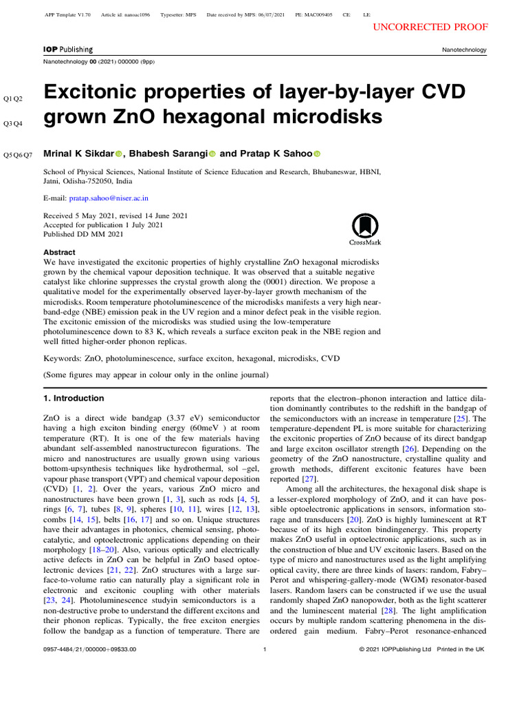 Excitonic Properties of Layer-By-Layer CVD | PDF | Zinc Oxide | Laser