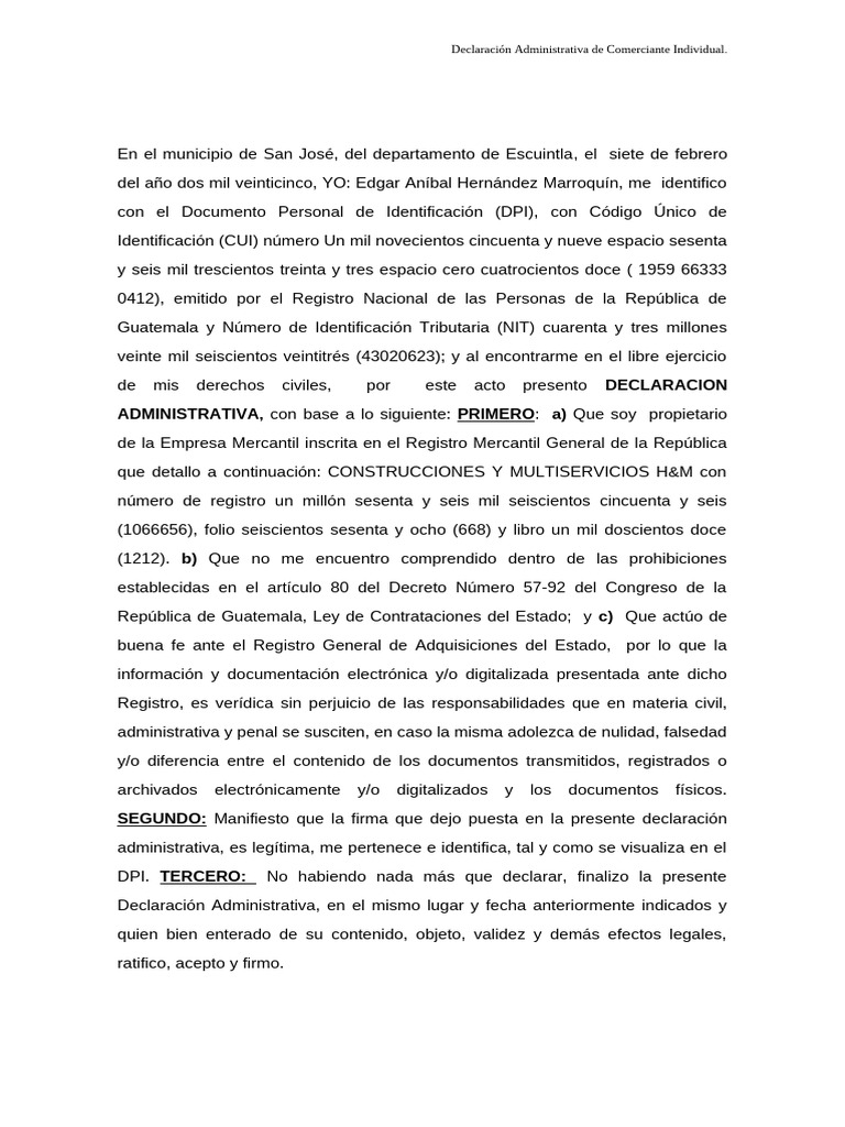 Modelo de Declaracion Administrativa SIMPLE (Comerciante Individual ...