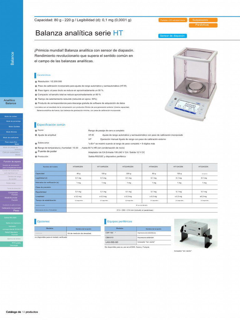 Especificaciones Tecnicas de Balanza Analitica HT Vibra | PDF | Balanza | Calibración