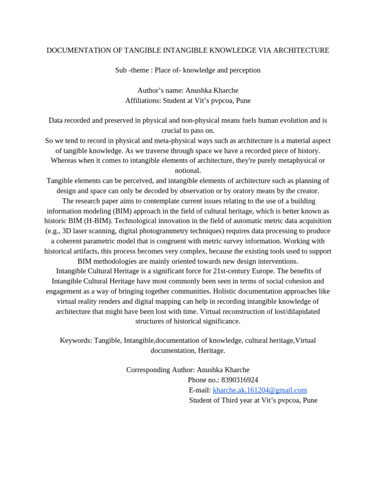 Documentation of Tangible Intangible Knowledge Via Architecture | PDF ...