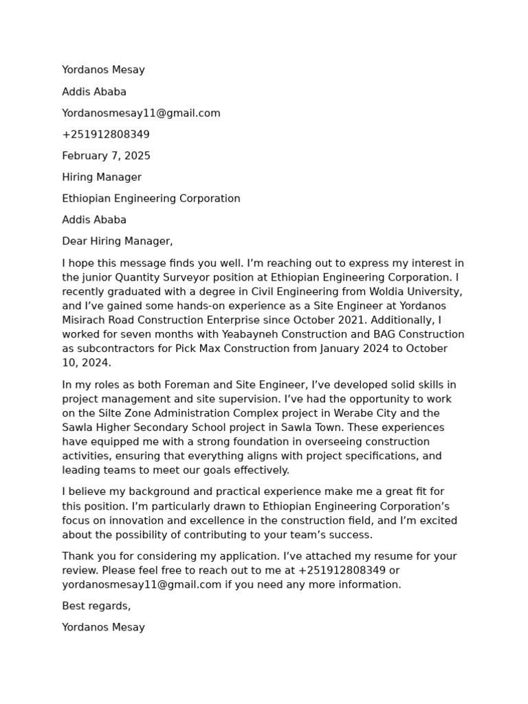 Junior Quantity Surveyor Application | PDF