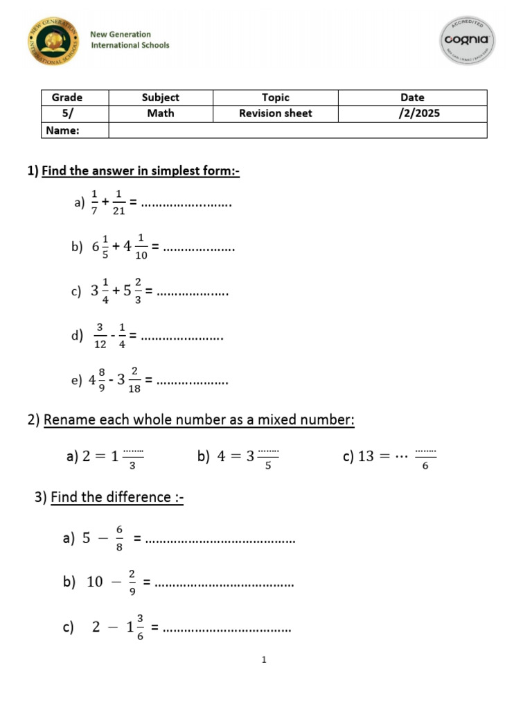 Math - Main Quiz Revision Sheet gr5 (2ndterm) | PDF