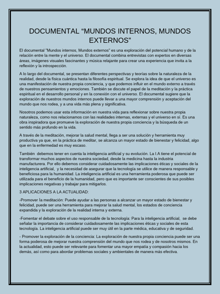 Resumen Documental "Mundos Externos, Mundos Internos" | PDF | Meditación | Inteligencia artificial