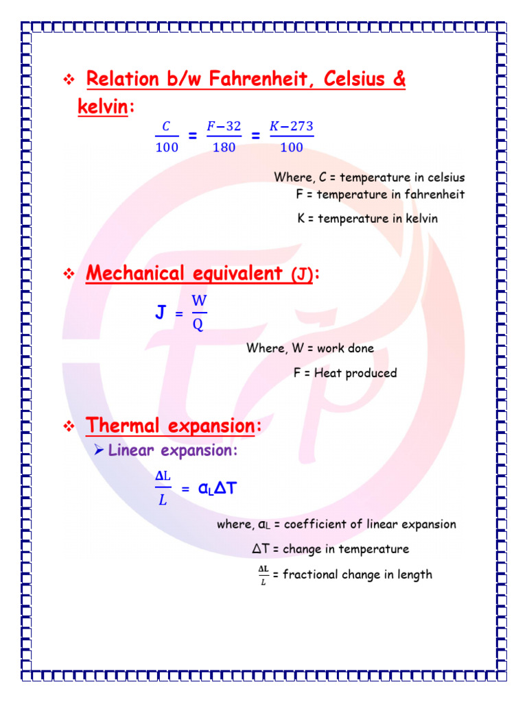 Thermal Properties of Matter- Formula Sheet (Edustudy Point) | PDF ...
