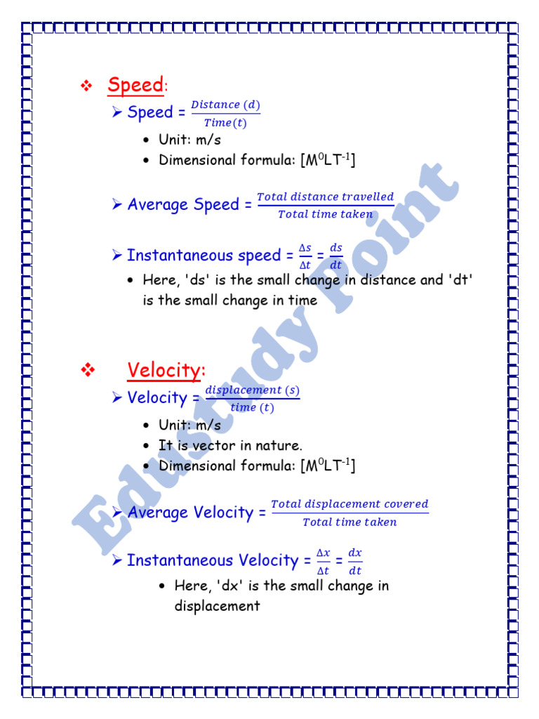 Motion in A Straight Line - Formula Sheet (Edustudy Point) | PDF