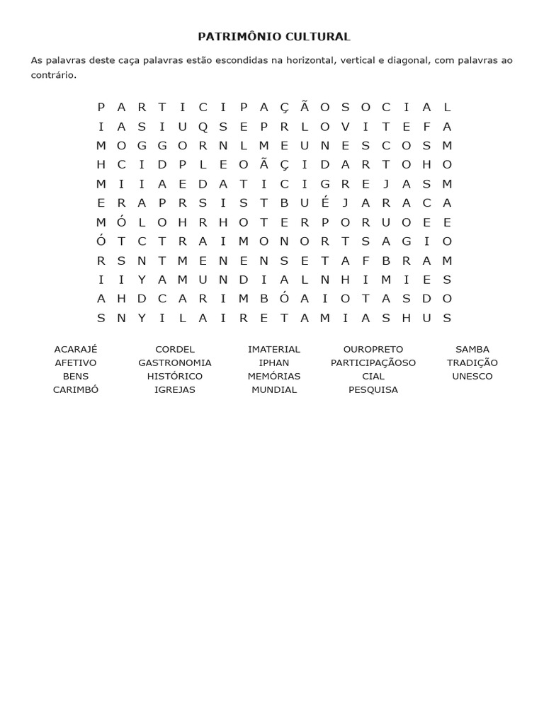 Patrimônio Cultural - Imprimir Caça Palavras | PDF | Herança cultural ...