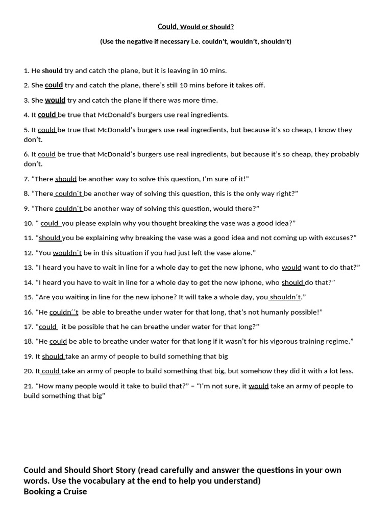 Could Would or Should Homework Kenneth Molina | PDF | Adjective | Verb