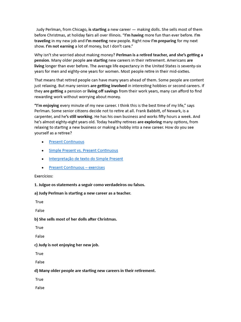 Texto Present Continuos | PDF | Retirement