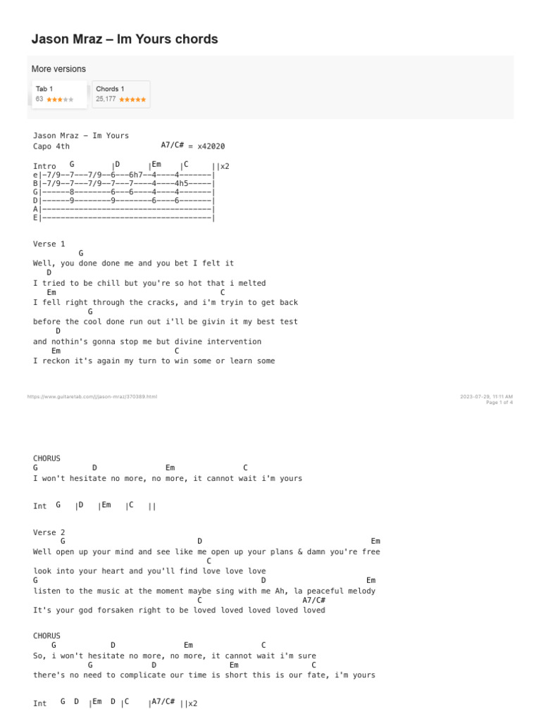 Im Yours Chords With Lyrics by Jason Mraz For Guitar and Ukulele at ...
