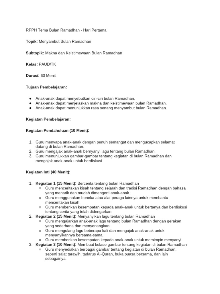 RPPH Tema Bulan Ramadhan - Hari Ke 01 | PDF