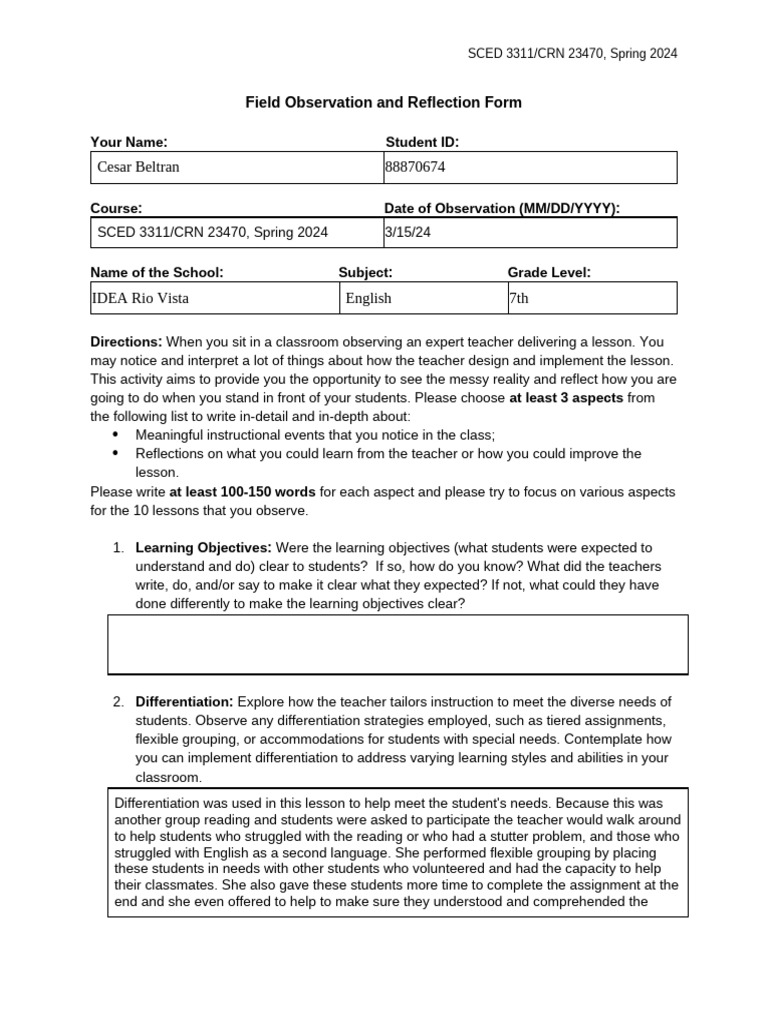 (Beltran) - (Cesar) - Field Observation Form | PDF | Teachers ...