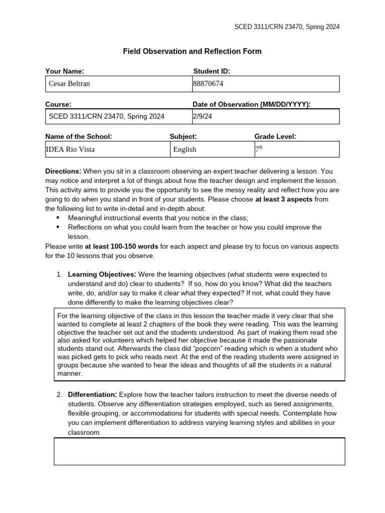 Spring 2024 Field Observation Reflection | PDF | Teachers | Learning