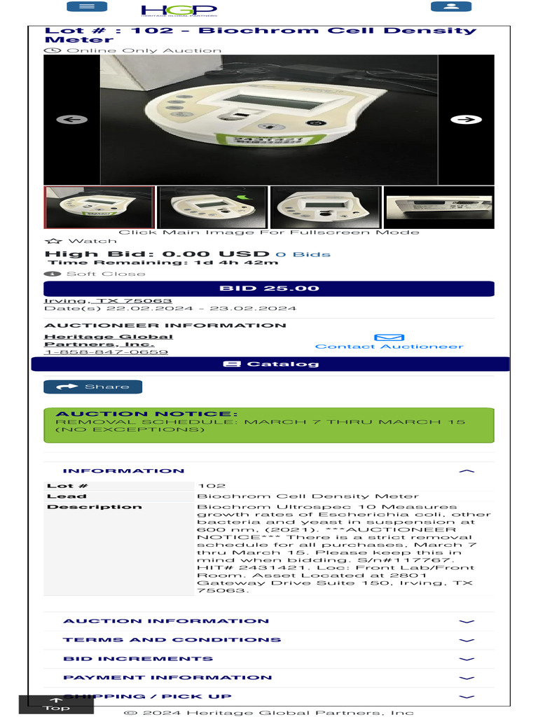 Biochrom Cell Density Meter Heritage Global Partners, Inc | PDF