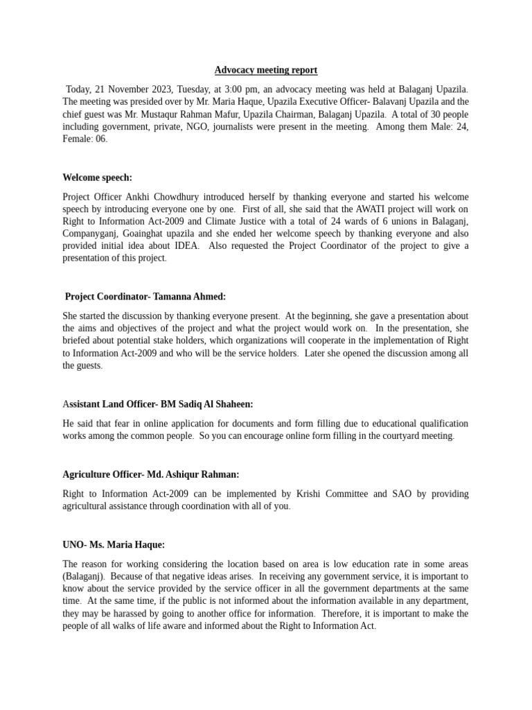 Balaganj Upazila Advocacy Meeting Report | PDF