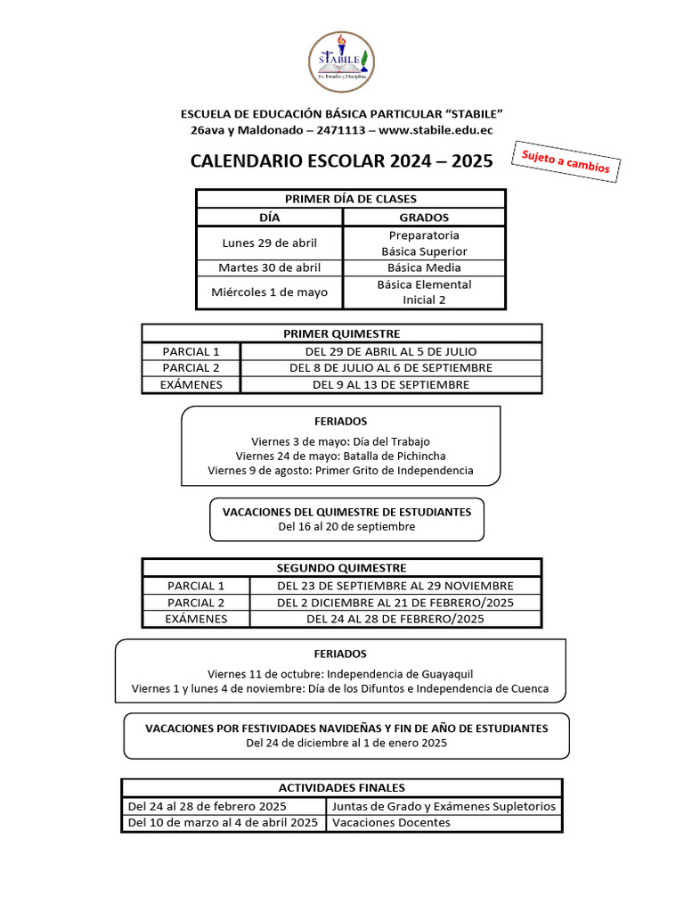 Calendario Escolar 2024-2025 Stabile | PDF