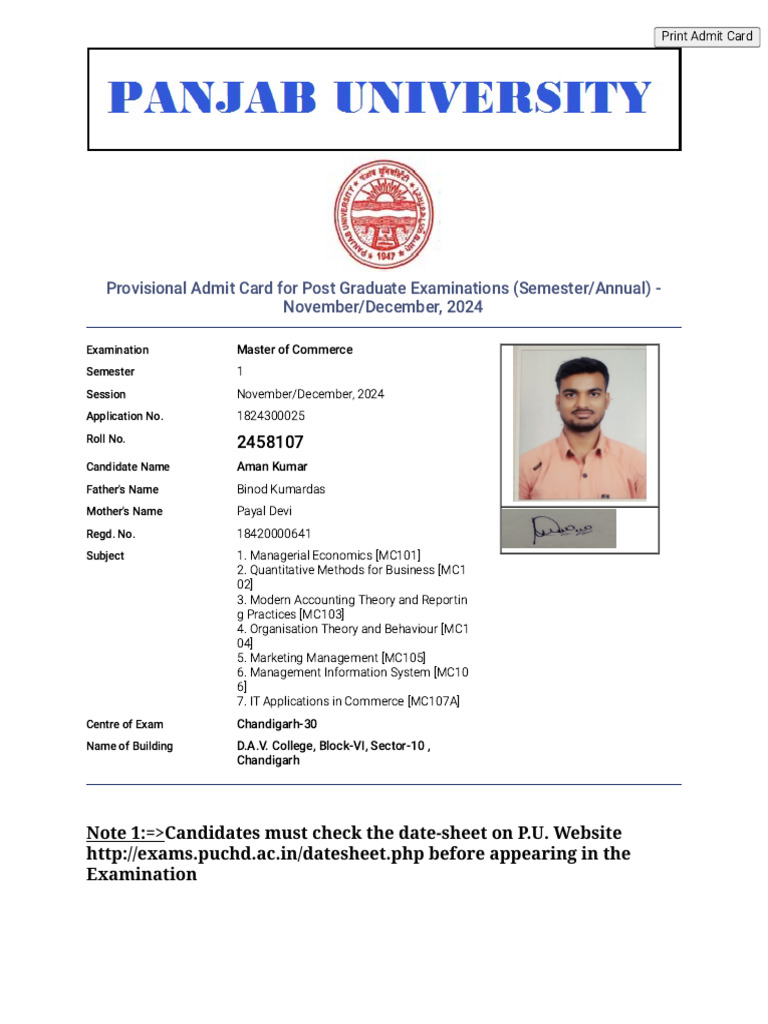 Cdoeadmissions - Puexam.in StudentAdmitCard - Aspx | PDF