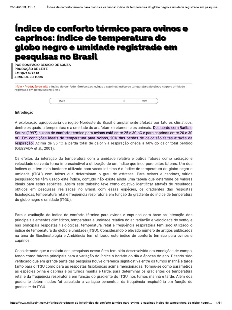 Índice de Conforto Térmico para Ovinos e Caprinos - ITU e ITGU | PDF ...