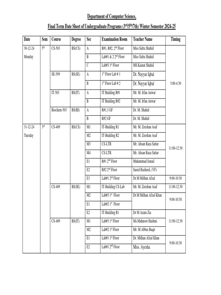 Winter 2024-25 CS Exam Schedule | PDF