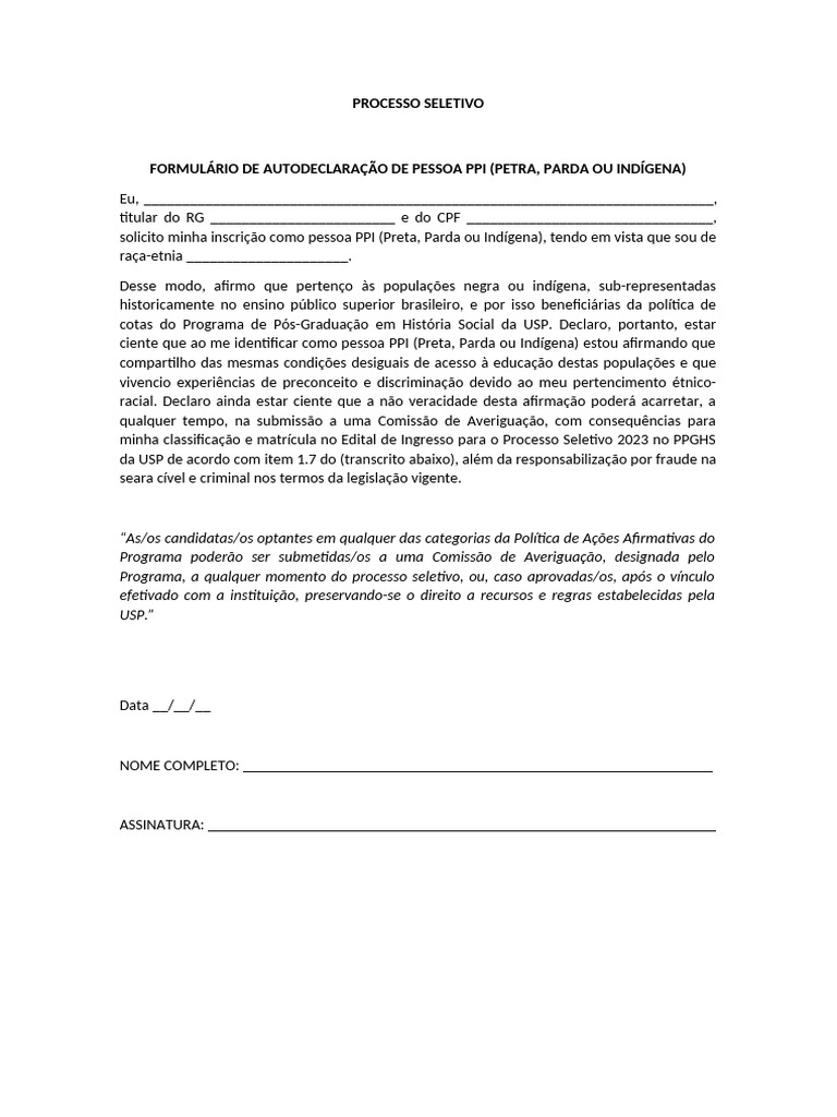 Formulário de Autodeclaração Ppi 2023 - 0 | PDF