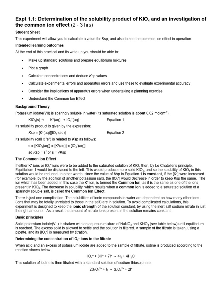 1.1 - Solubility Product of KIO4 | PDF | Salt (Chemistry) | Solubility