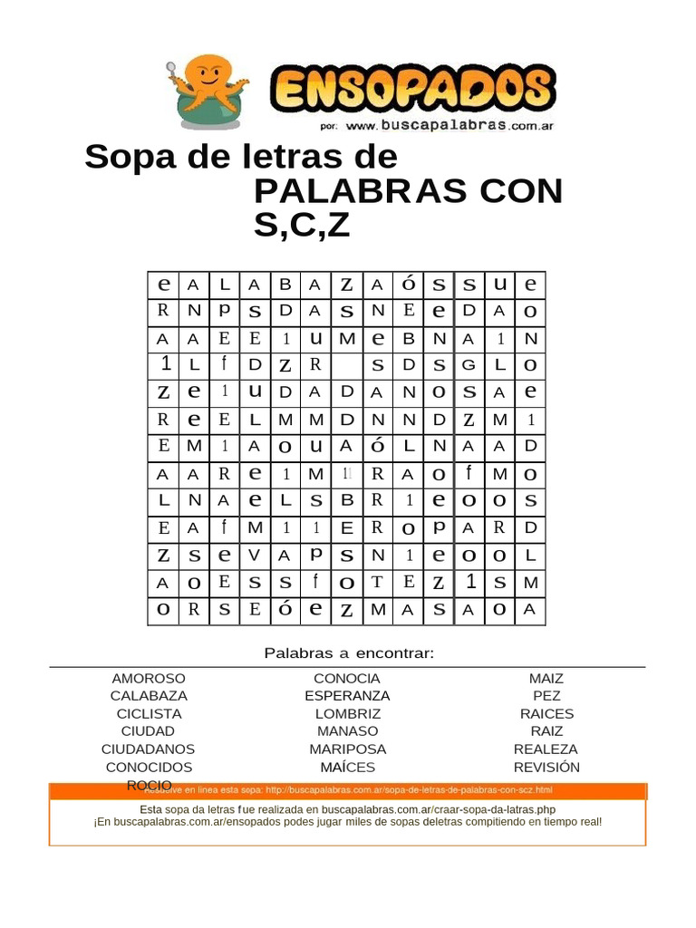 Sopa de Letras de Palabras Con S, C, Z: Z Z Z Z | PDF