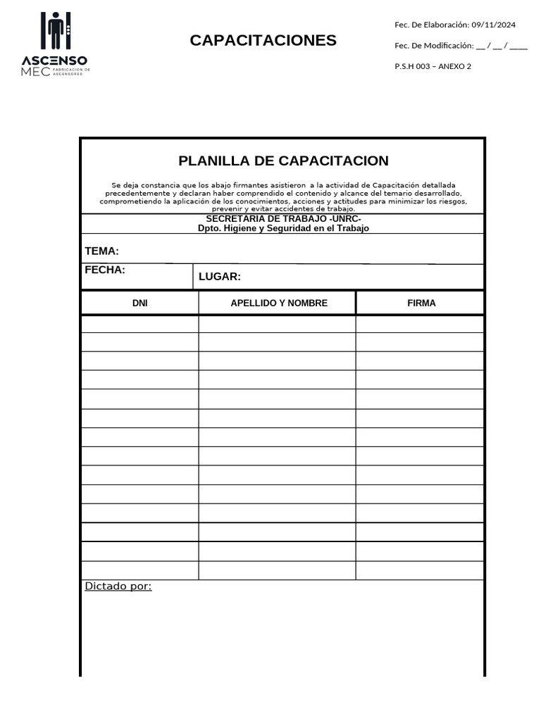 P.S.H 003 - Anexo 2 Capacitaciones | PDF
