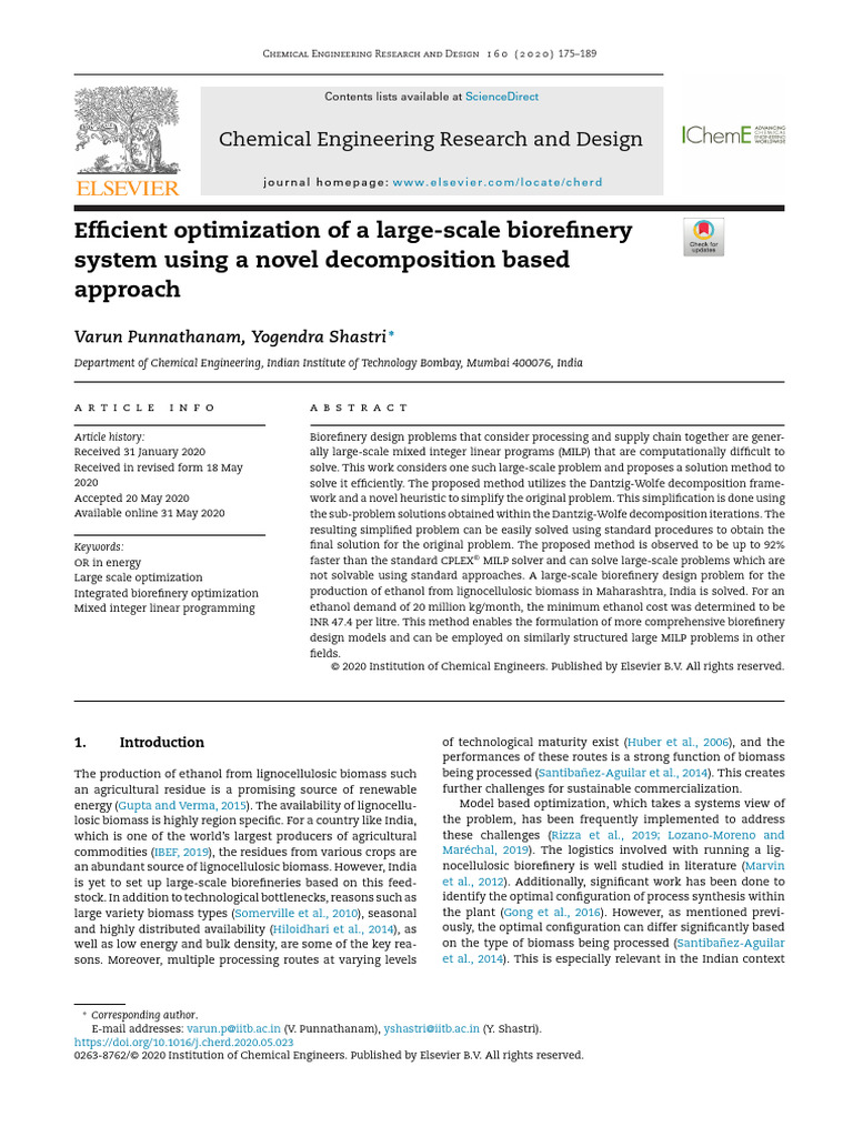 Efficient optimization of a large-scale biorefinery system using a novel decomposition based ...